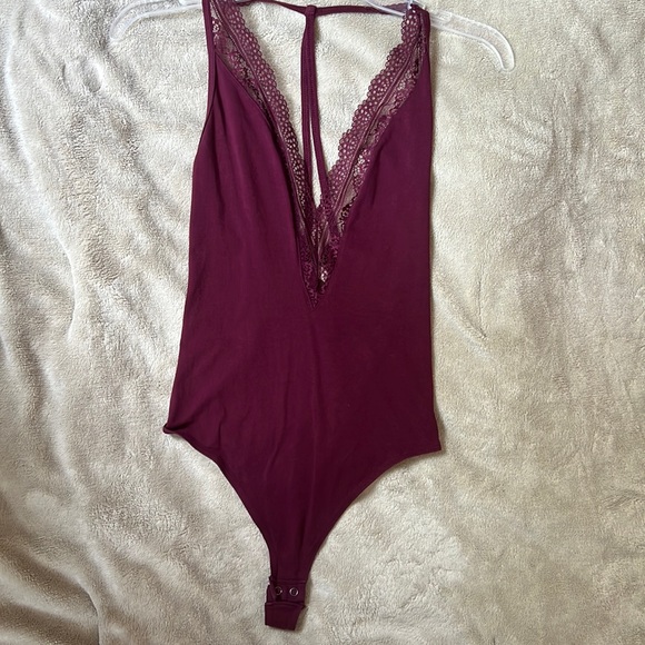 Express | Tops | Express Maroonpurple Bodysuit With Deep Vneck Lace ...